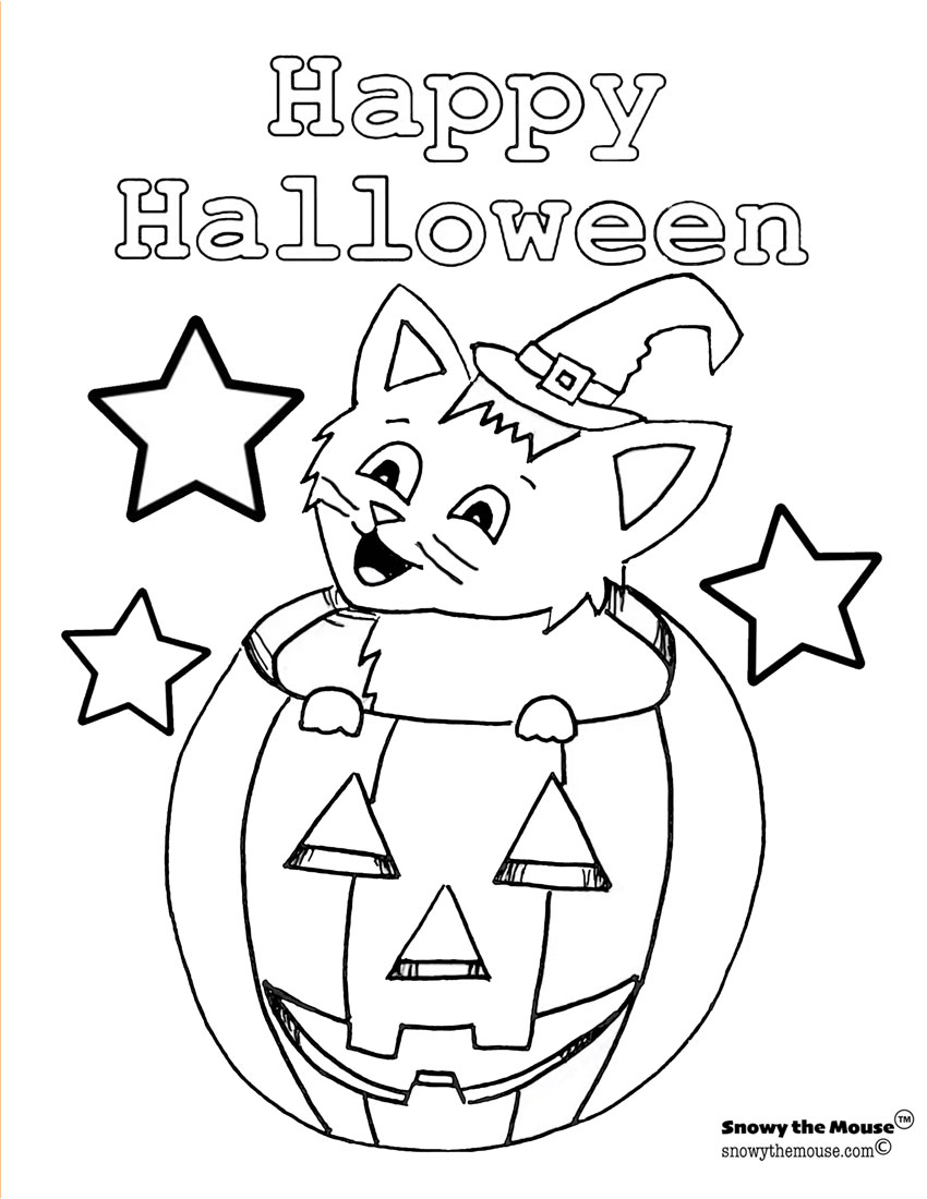 Happy Halloween Jack O Lantern Kitty Coloring Page - Snowy the Mouse