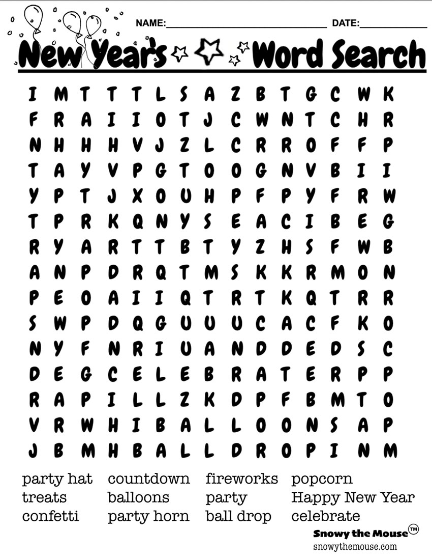 New Year's Word Search - Snowy the Mouse