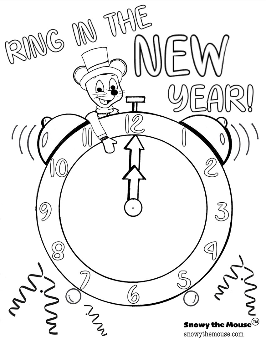 Ring in the New Year Coloring Page - Snowy the Mouse