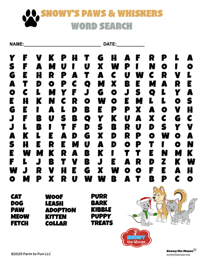 Snowy's Paws and Whiskers Wordsearch - Snowy the Mouse
